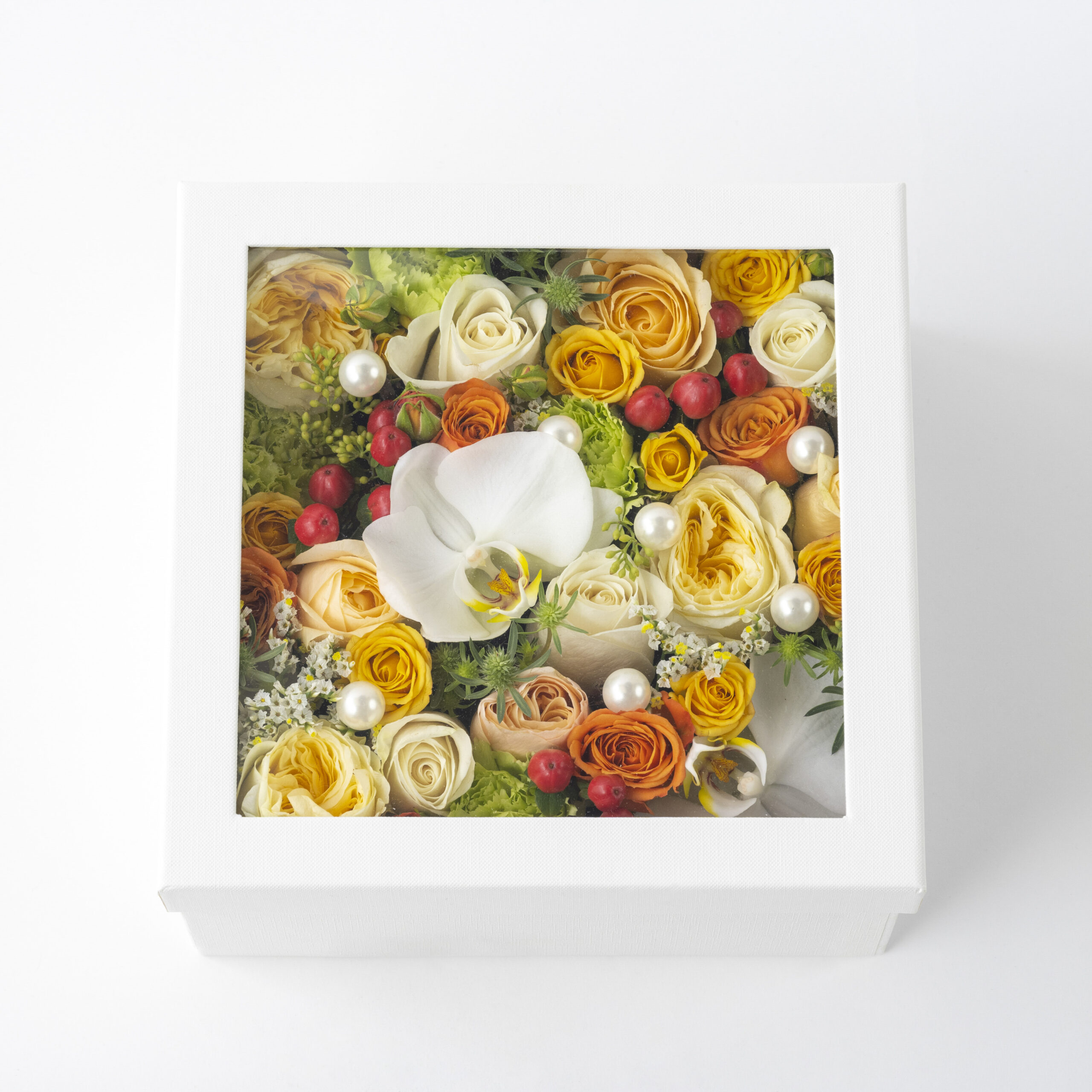 EVERLEE Soft Yellow Roses & Butterfly Orchids in Square Flower Box ...